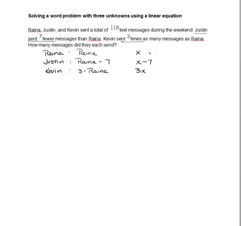 Solving a word problem with three unknowns using a linear equation ...