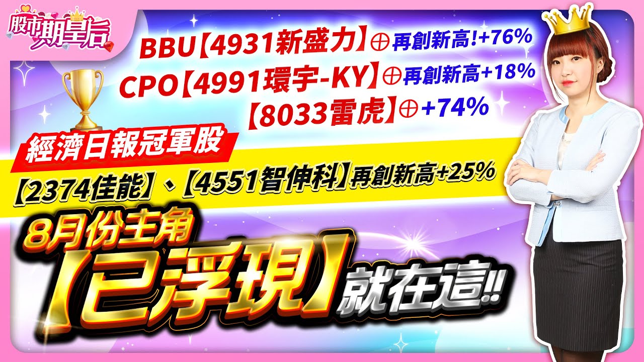 2025.08.06【BBU【新盛力】⊕再創新高!+76%、CPO【環宇-KY】⊕再創新高+18%【雷虎】⊕+74%經濟日報冠軍股【佳能】、【智伸科】再創新高+25%，8月份主角【已浮現】就在 ...