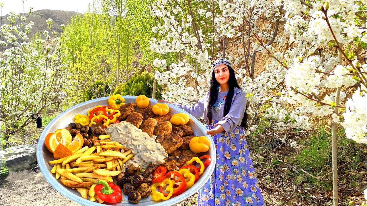 Iran Nomadic Life in Spring: Cooking Chicken Steak with Mushrooms Sauce ...