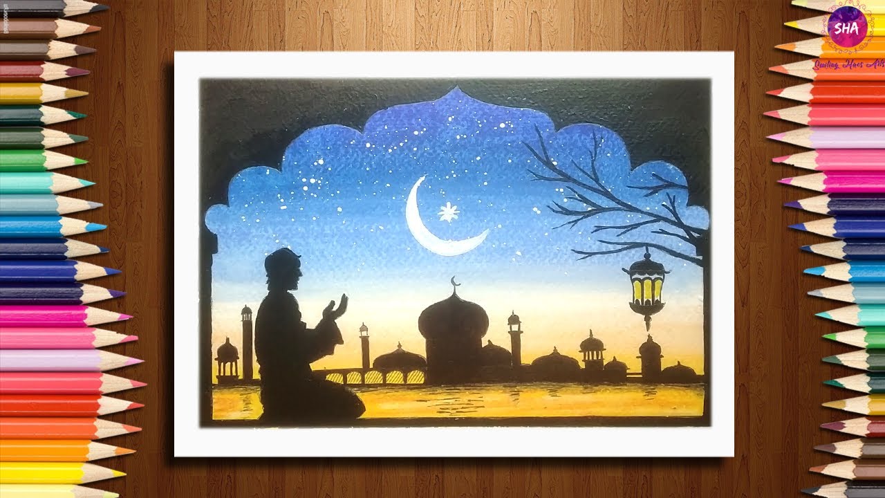 Ramadan Mubarak Drawing in Easy Steps | Oil Pastel | Ramadan Kareem ...