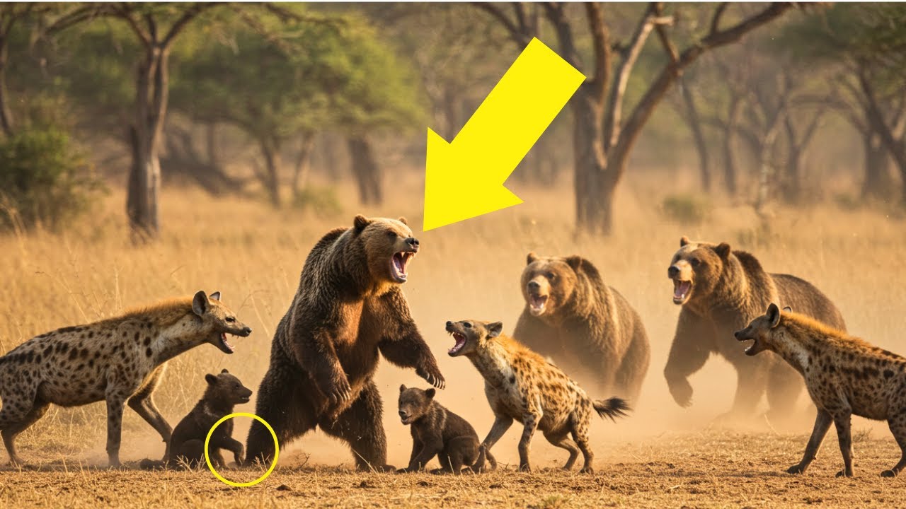 Grizzly Bear fights hyenas to save her cub, so the bear pack does the ...