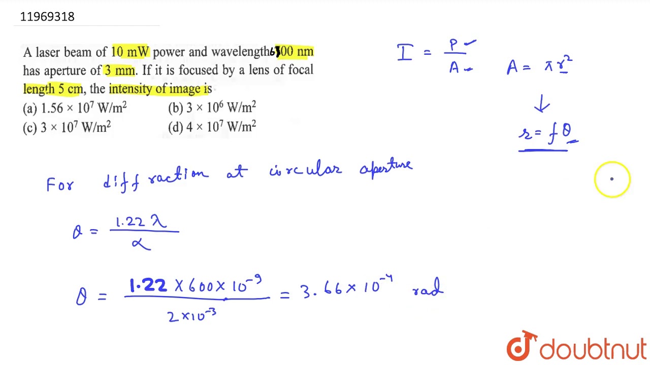A laser beam of `10mW` power and wavelength `700nm` has aperture of ...