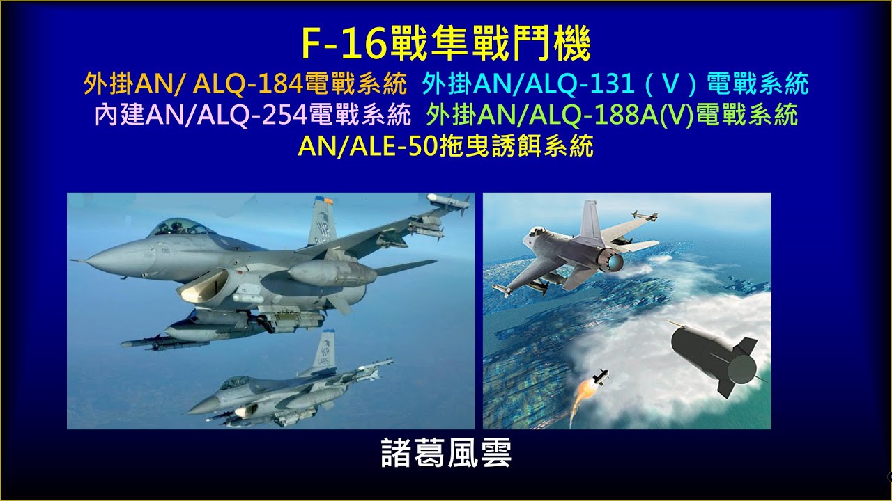 F-16戰隼戰鬥機 外掛AN/ALQ-184電戰系統 外掛AN/ALQ-131（V）電戰系統 內建AN/ALQ-254電戰系統 外掛AN ...