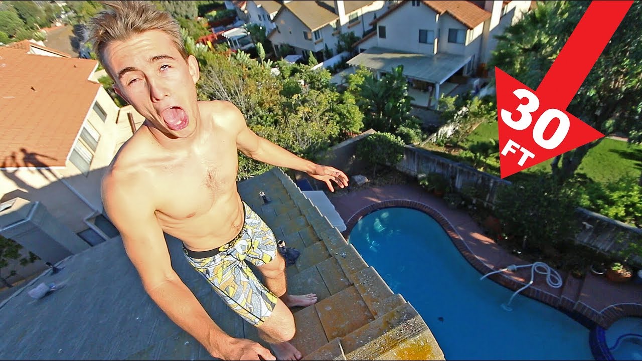 30FT ROOF JUMP INTO TINY POOL! - YouTube