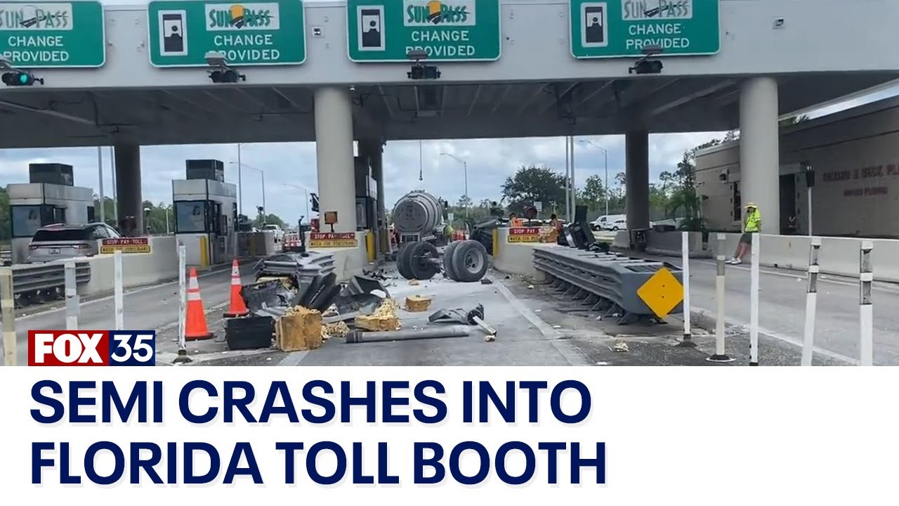 Semi truck slams into Florida toll booth, loses axle - YouTube