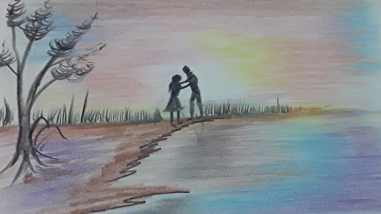 How to draw romantic seen and scenery color pencil scatch. Love story ...