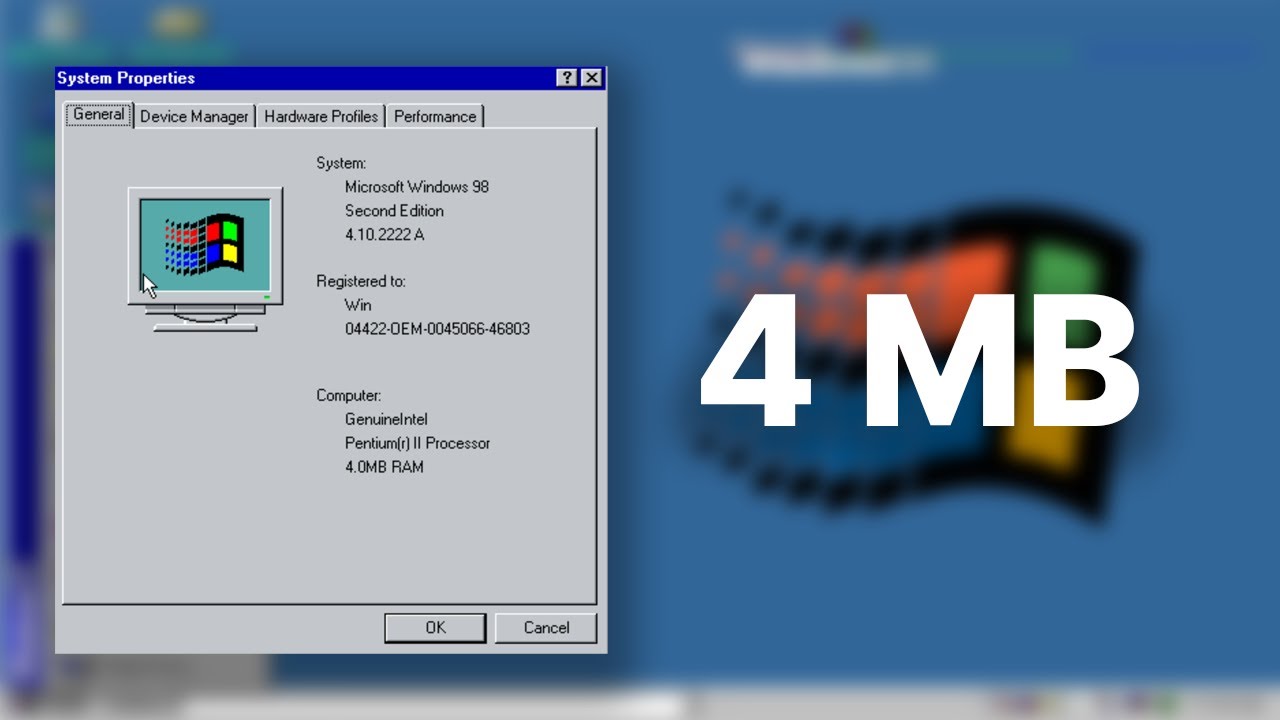 Windows 98... on 4MB RAM - YouTube