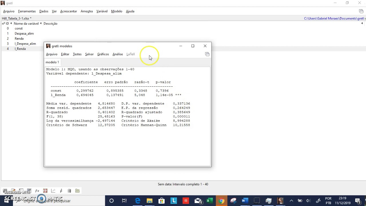 Estatística Descritiva, Regressão (modelo log-log) e teste de ...