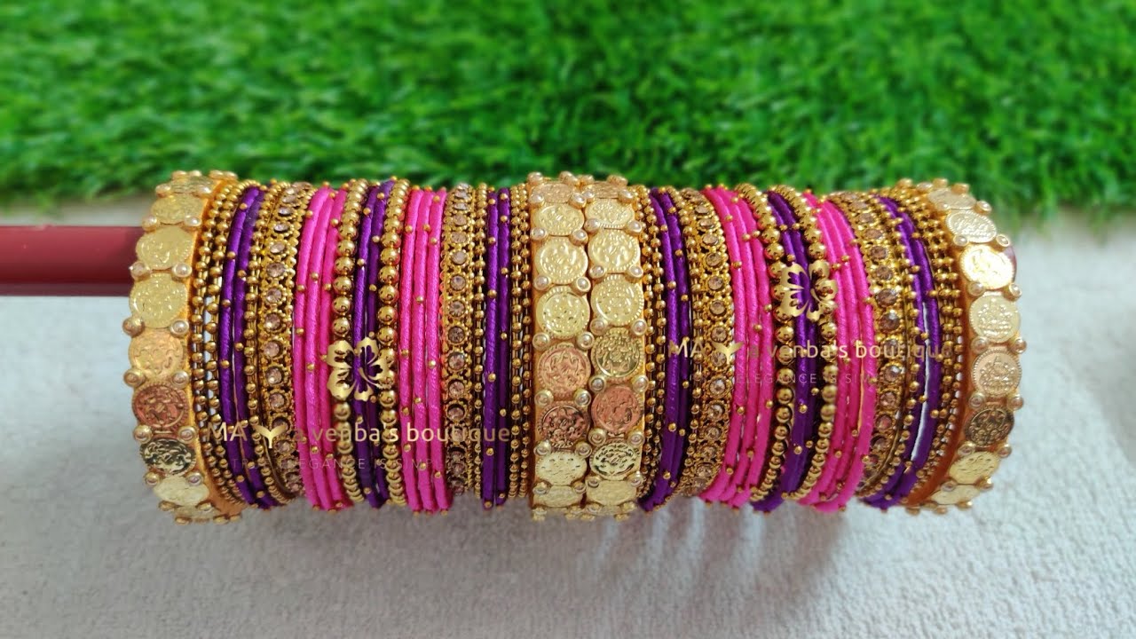 Pink with Purple Metal Bridal bangles | Gold coin bangles | Maya Venba ...