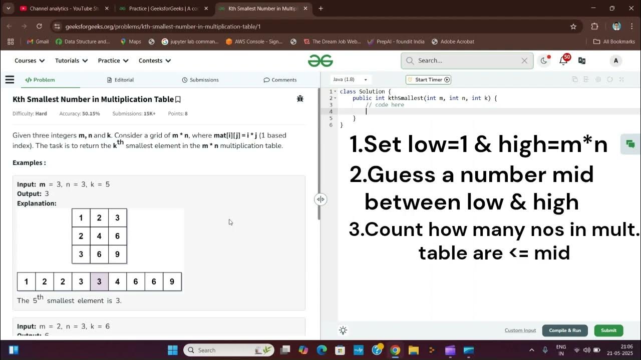 Kth Smallest Number in Multiplication Table | GfG | POTD | Java - YouTube
