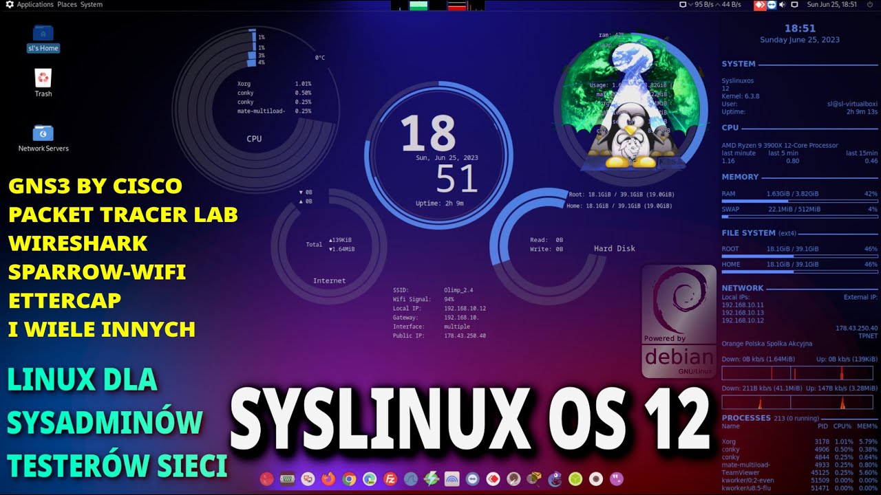 SysLinuxOS 12 dla sysadmina własny home lab nauka Cisco GNS3 Packet Tracer SparrowWifi analiza ...