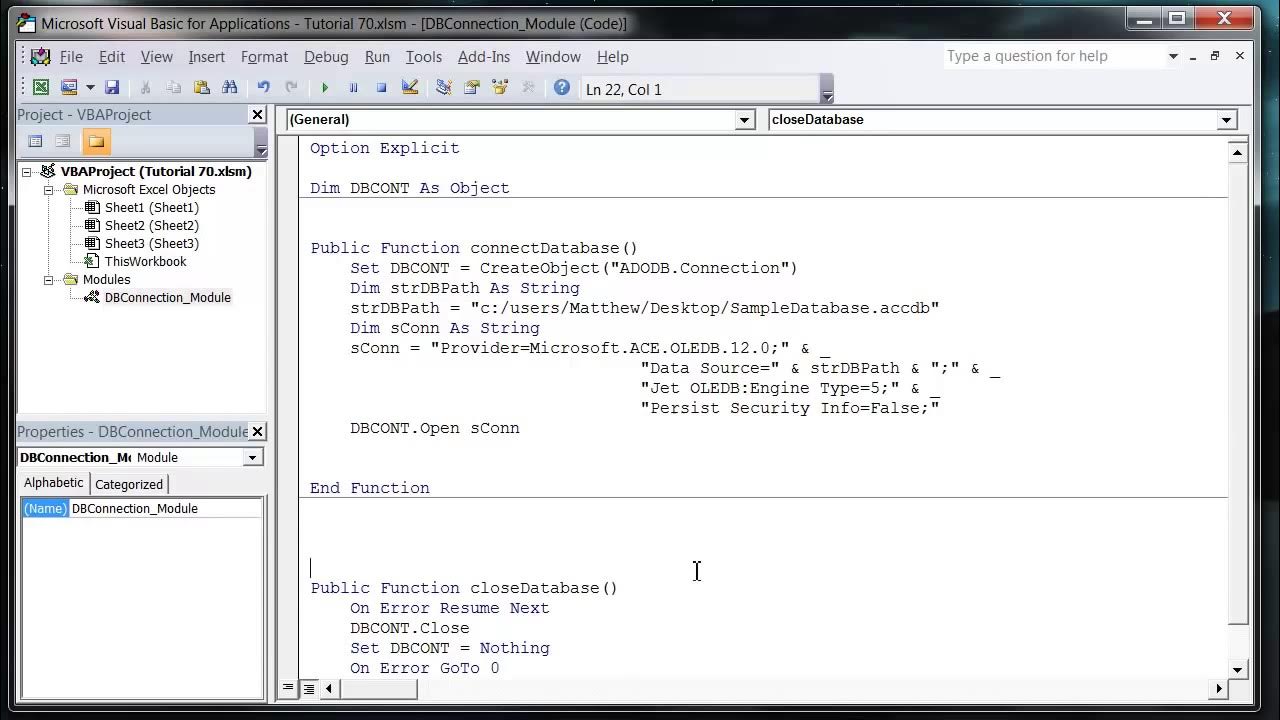 Excel 2010 VBA Tutorial 71 ADODB Database Connections - YouTube