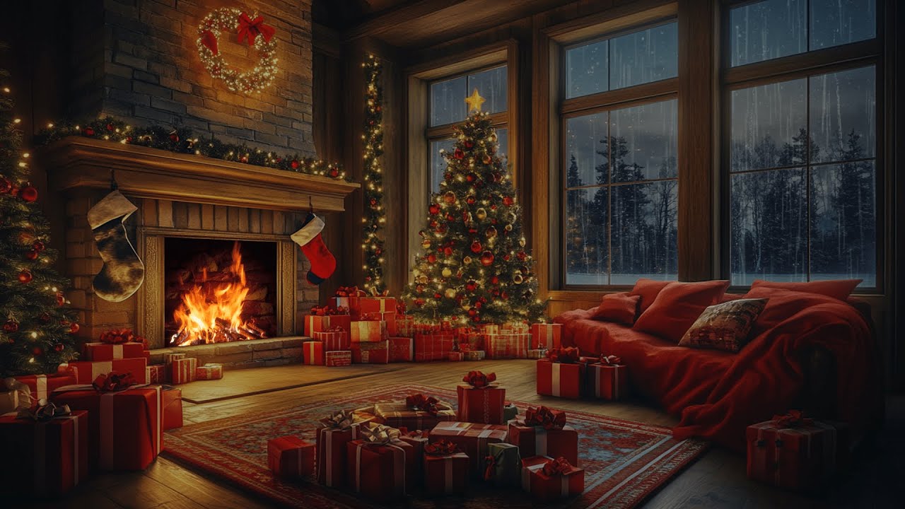 Christmas Eve Rainstorm | Warm Fireplace Sounds for Holiday Calm | Rain ...