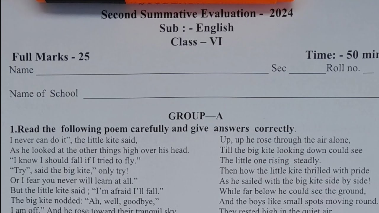 class 6 english 2nd unit test question paper 2025 | class 6 english 2nd ...