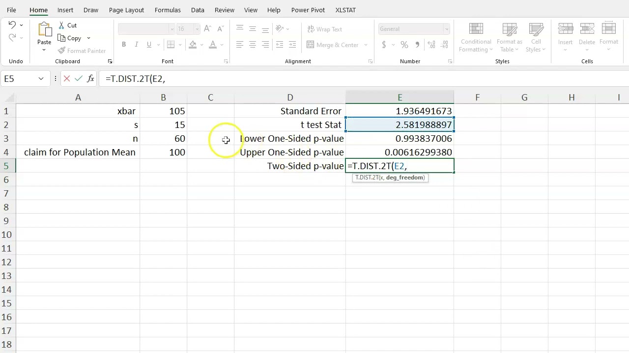 Using excel to perform a one sample t procedure - YouTube