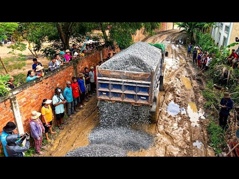 Amazing New Project! By Bulldozer Spreading Gravel To Build Strong Road &Dump truck unloading gravel