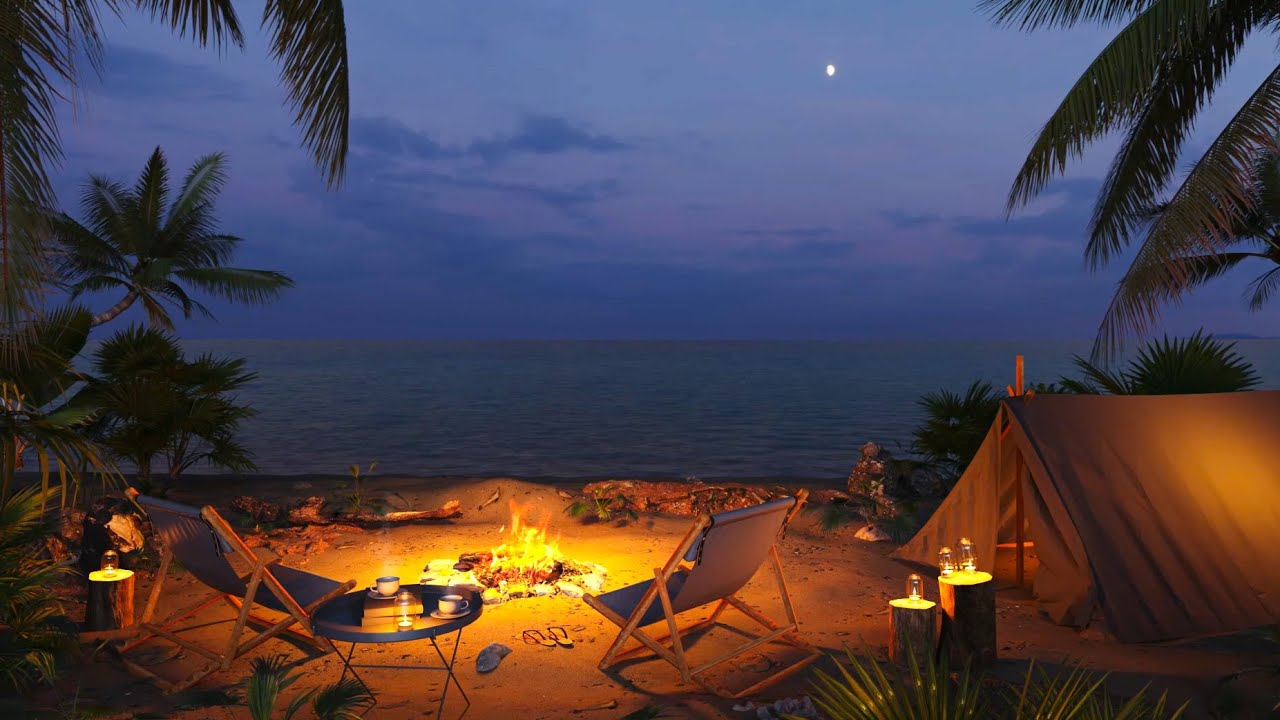 Camp Ambience with Campfire by the Sea | Ocean Waves, Crackling Fire ...