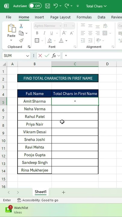 Excel Interview Question #175 Find total number of characters in first name - YouTube