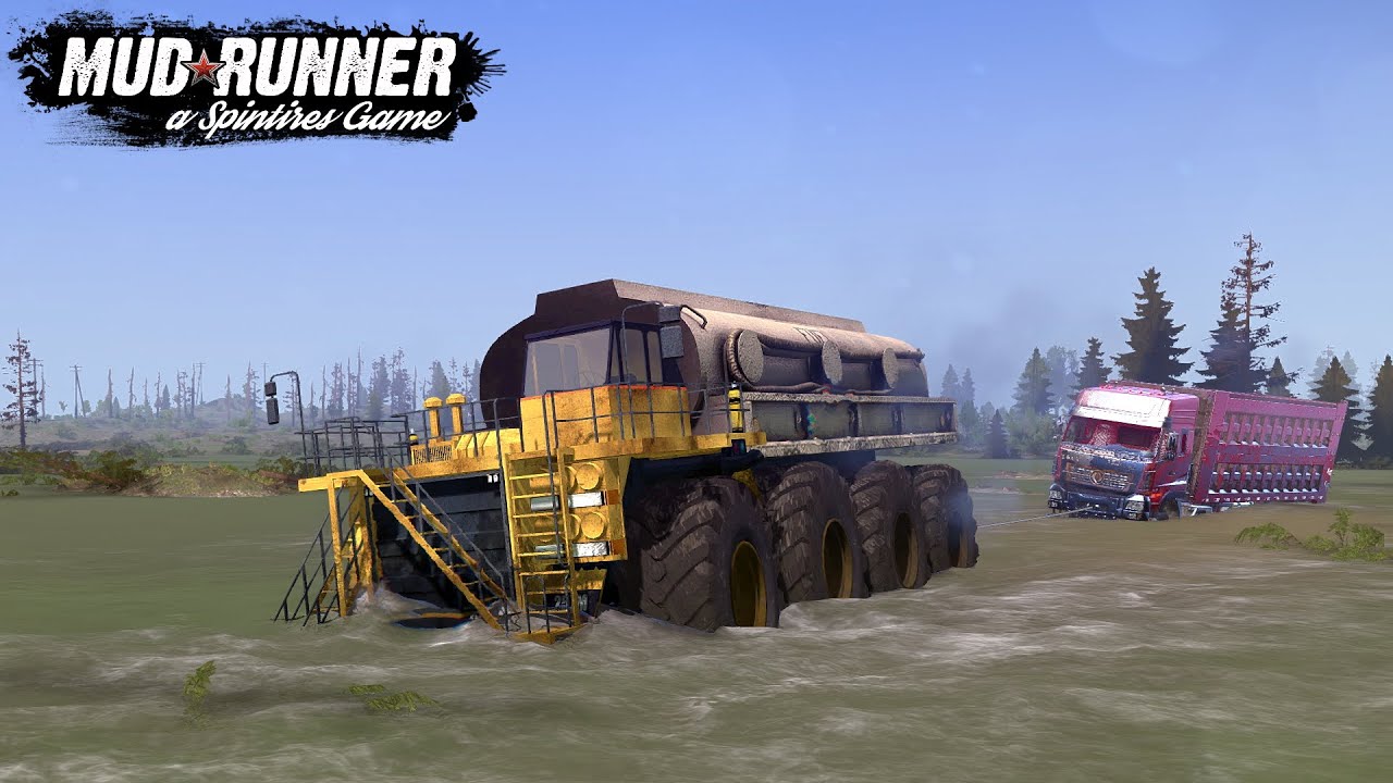 Spintires MudRunner Monster Truck Is Towing A Dump Truck Through A Flood - YouTube