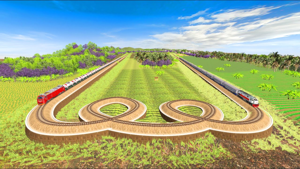 Two Colorful Train vs Double Rewind Railroad Part 2 | Bumpy Spinning ...