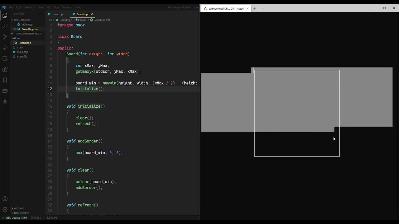 Making Snake in Ncurses - Tutorial 3 - Second Pass at the Board - YouTube