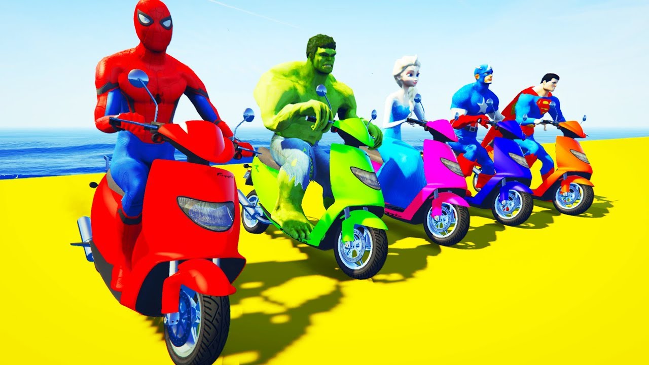 LEARN COLOR MOTORCYCLES JUMP! AND BMX w/ superheroes Cartoon For Kids ...