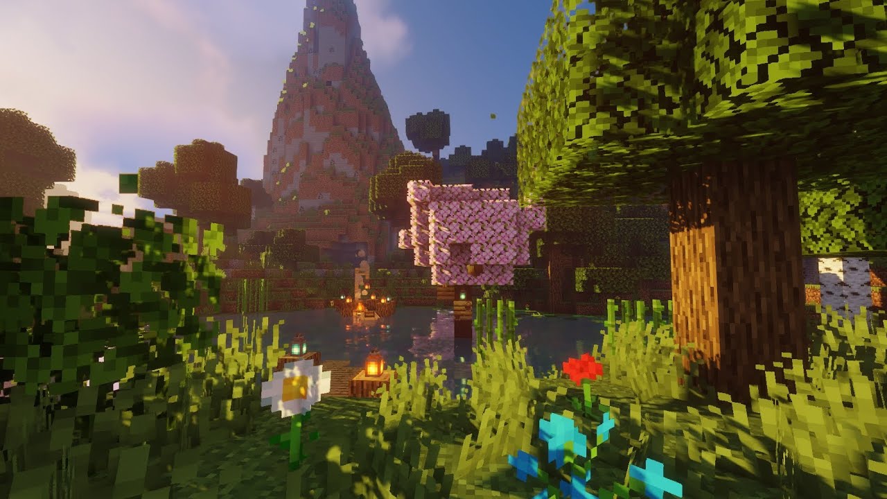 Minecraft Mountain Cherry blossom pond Ambience || Minecraft music ...