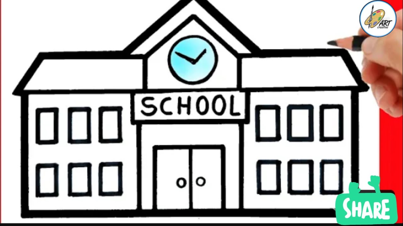 How to draw a school step by step drawing for kids //easy school ...