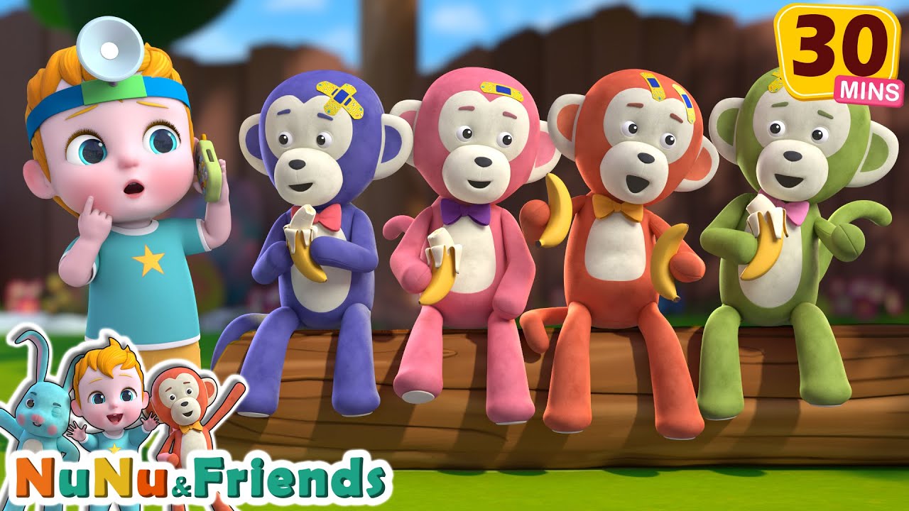 Five Little Monkeys and Friends | 30 Minutes of Nursery Rhymes | NuNu ...