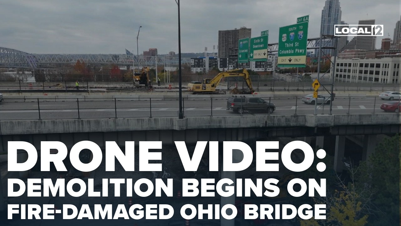Demolition begins on fire damaged Ohio bridge - YouTube