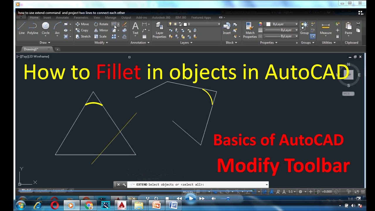 how to use fillet with trim, polyline etc in autocad - YouTube