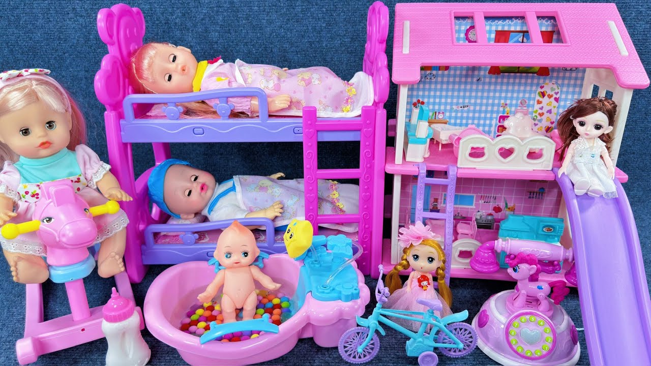 9 Minutes Satisfying with Unboxing Pink Doll House Toys，Cute Baby Bath ...