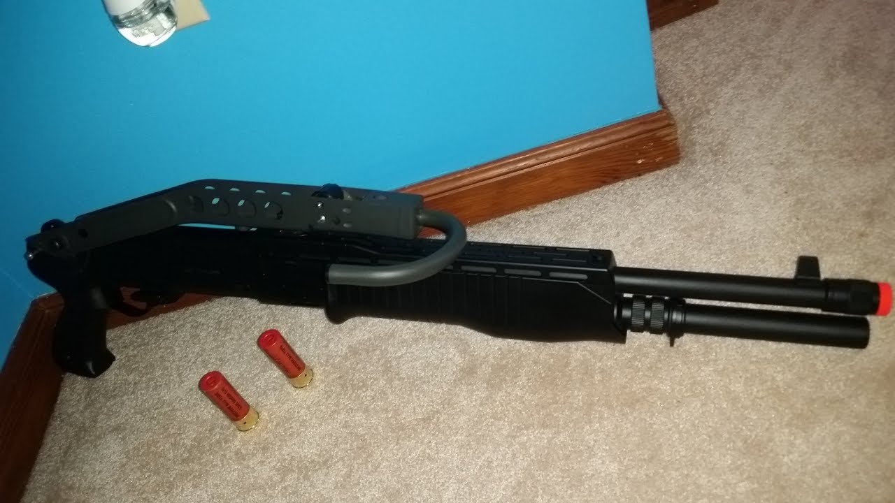 ASG airsoft Spas-12 with custom mounted Tokyo Marui stock. - YouTube