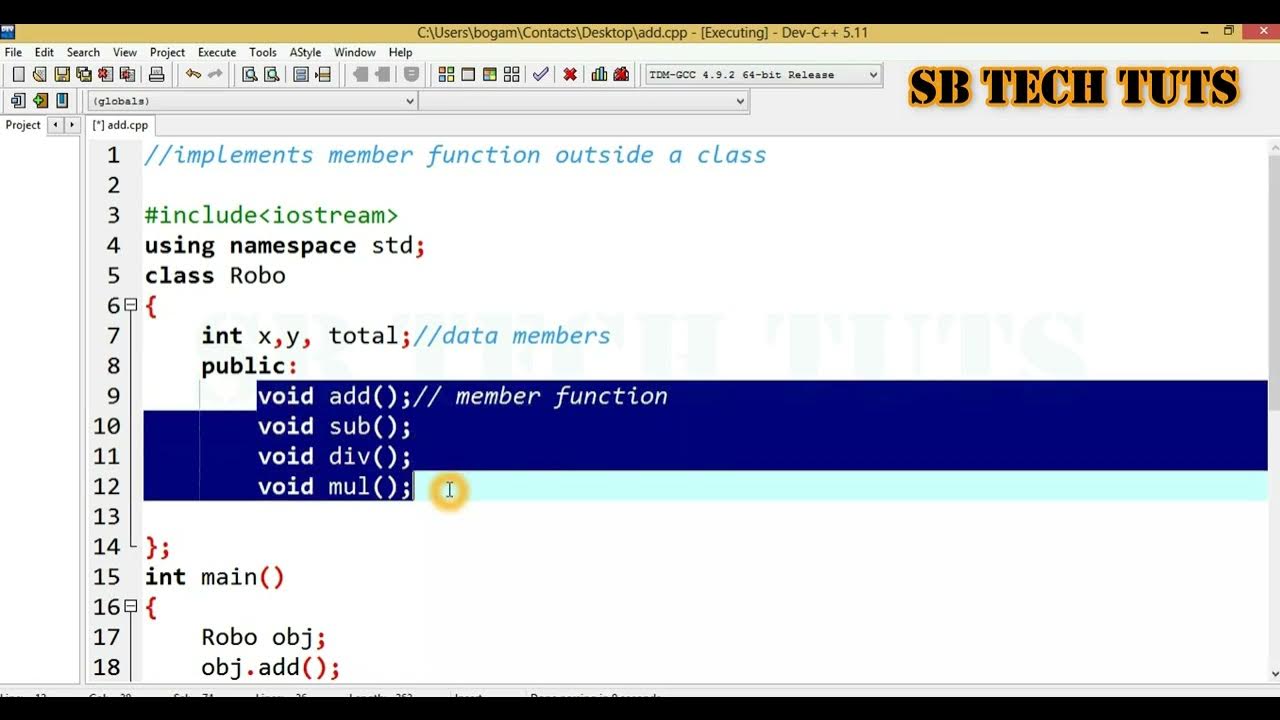 Defining Member Function Outside The Class Class And Object C Programming Youtube