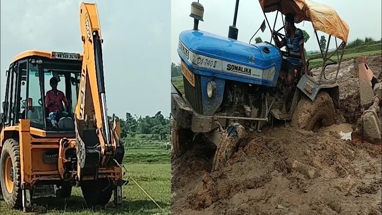Jcb 3Dx Going Sludge to Sonai dl-740 tractor Stuck In Mud Rescue/Jcb ...