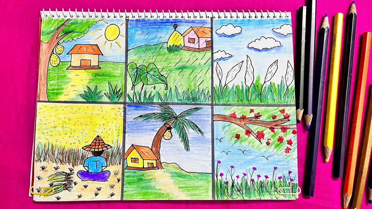 6 season scenery drawing | Easy drawing tutorial | Pencil drawing - YouTube