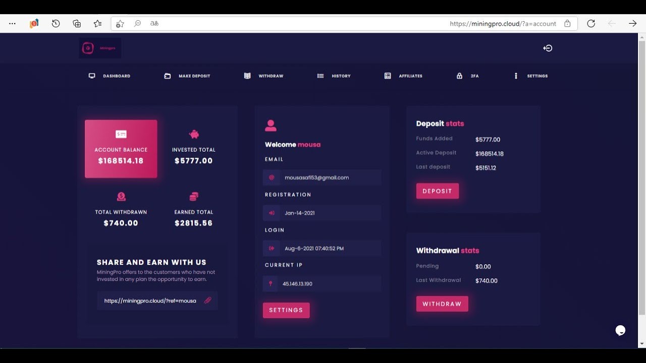 ايداع 168 الف دولار miningpro واستثمار في اكثر من خطة - YouTube