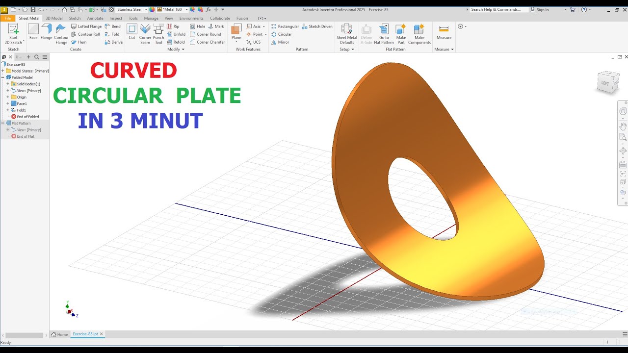 Inventor 2025 Create Curved Circular Plate IN 3 MINUT Exercise NO 85 ...