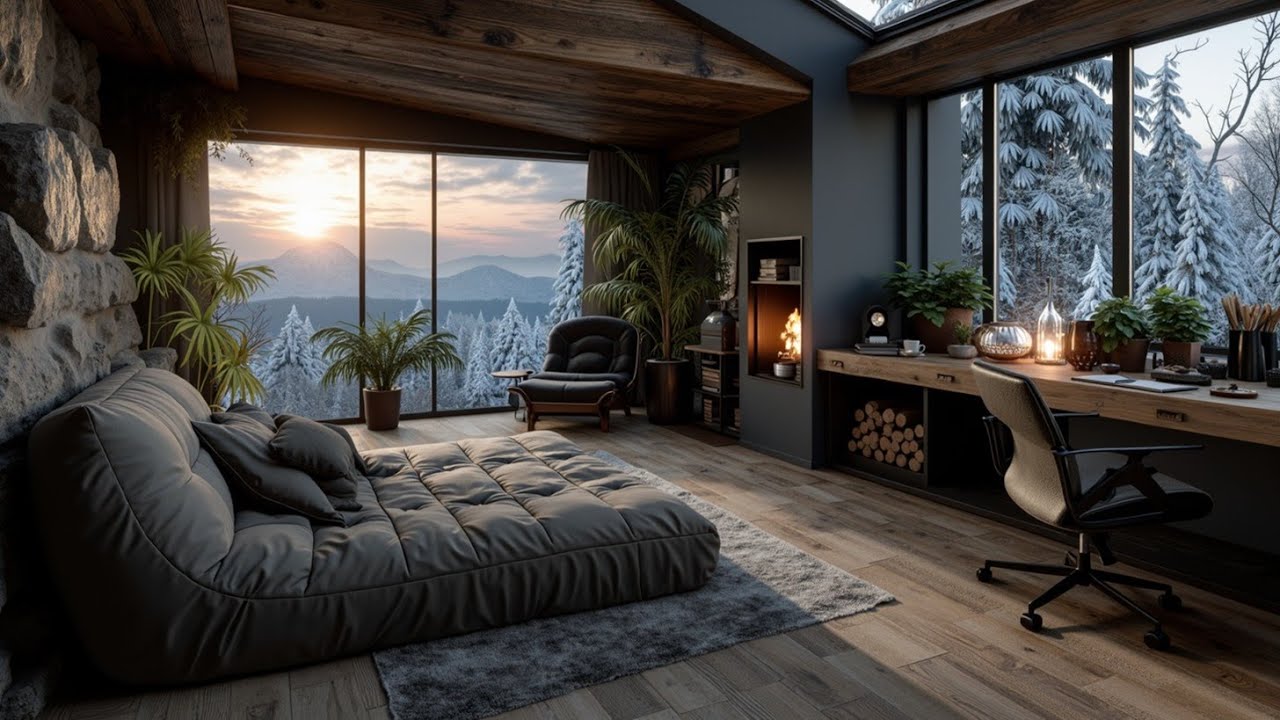 November Productivity Soundtrack ~ Cozy Winter Study Lounge Ambience ...