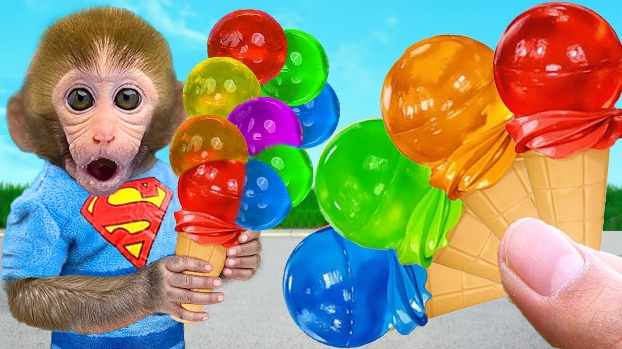 Bebé Mono Bon Bon va a la escuela con el patito y helado de gelatina ...