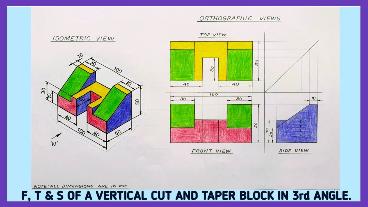 F, T & S of a vertical cut and taper block in 3rd angle।Construct ...