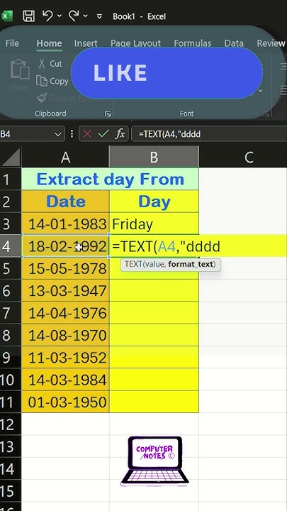Excel Extract Day From Date Excel Exceltips Exceltricks Youtube