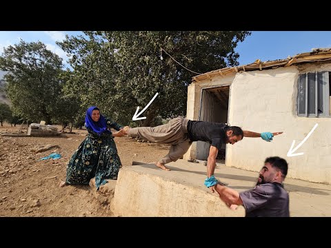 A violent fight and beating between Khadija and Hadi. Hadi destroys the hut's furniture.