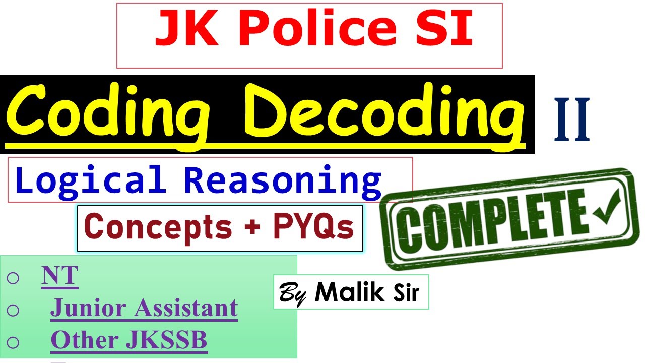 Coding Decoding |General Intelligence|Reasoning| JK Police SI| JKSSB ...