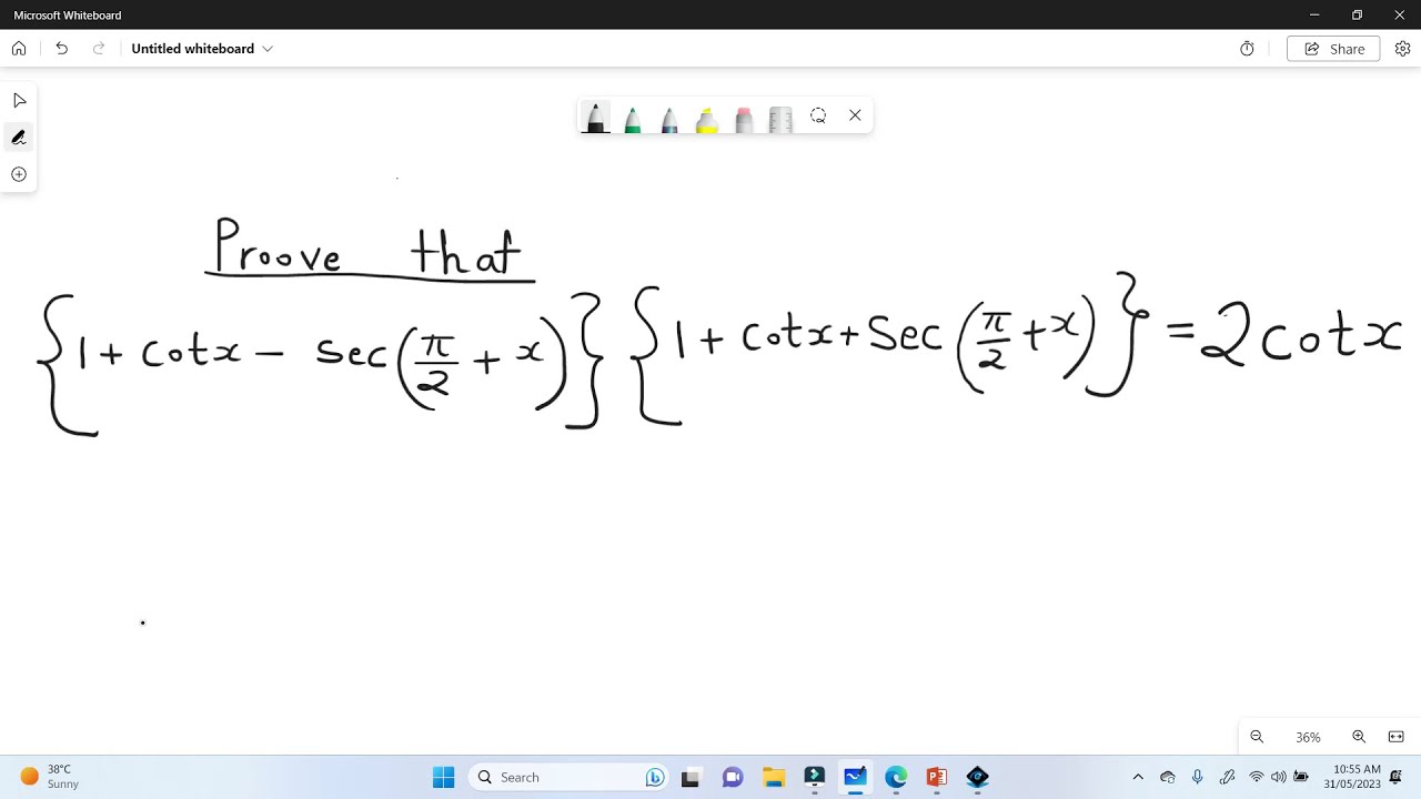 Proove that {1+cotx-sec(π/2)+x}{1+cotx+sec(π/2)+x}=2cotx - YouTube