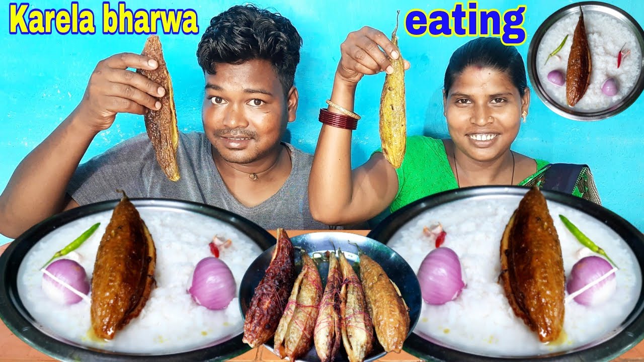 Karela bharwa water rice onions eating | Bitter gourd fry with rice ...