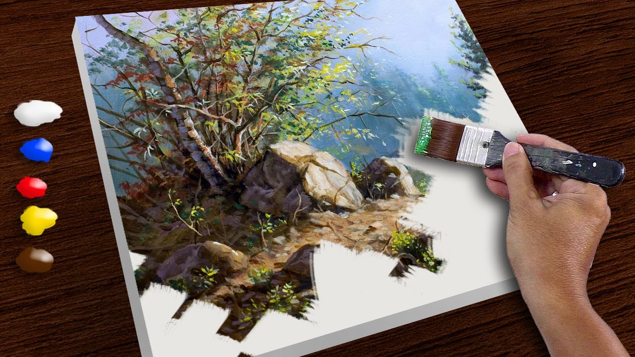 How to Paint Realistic Pathway and Bushes | Speed Acrylic Painting ...