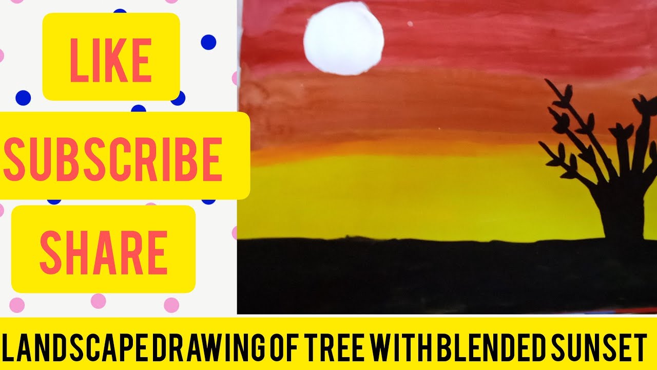 landscape drawing of tree with blended sunset | prisha's creative world - YouTube