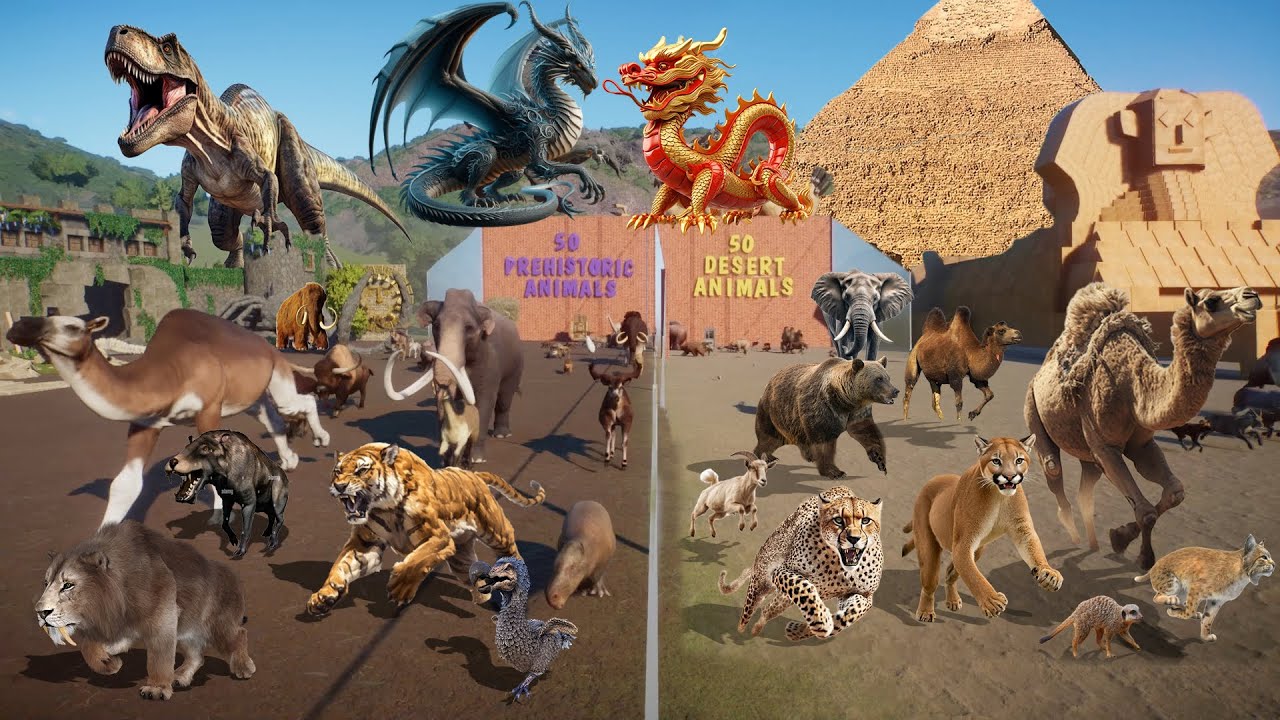 50 Prehistoric Animals VS 50 Desert Animals Race in Planet Zoo included ...