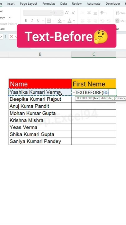Text-Before in Excel | Find First Name In Excel | #excel #dataanlysis #exceltips - YouTube